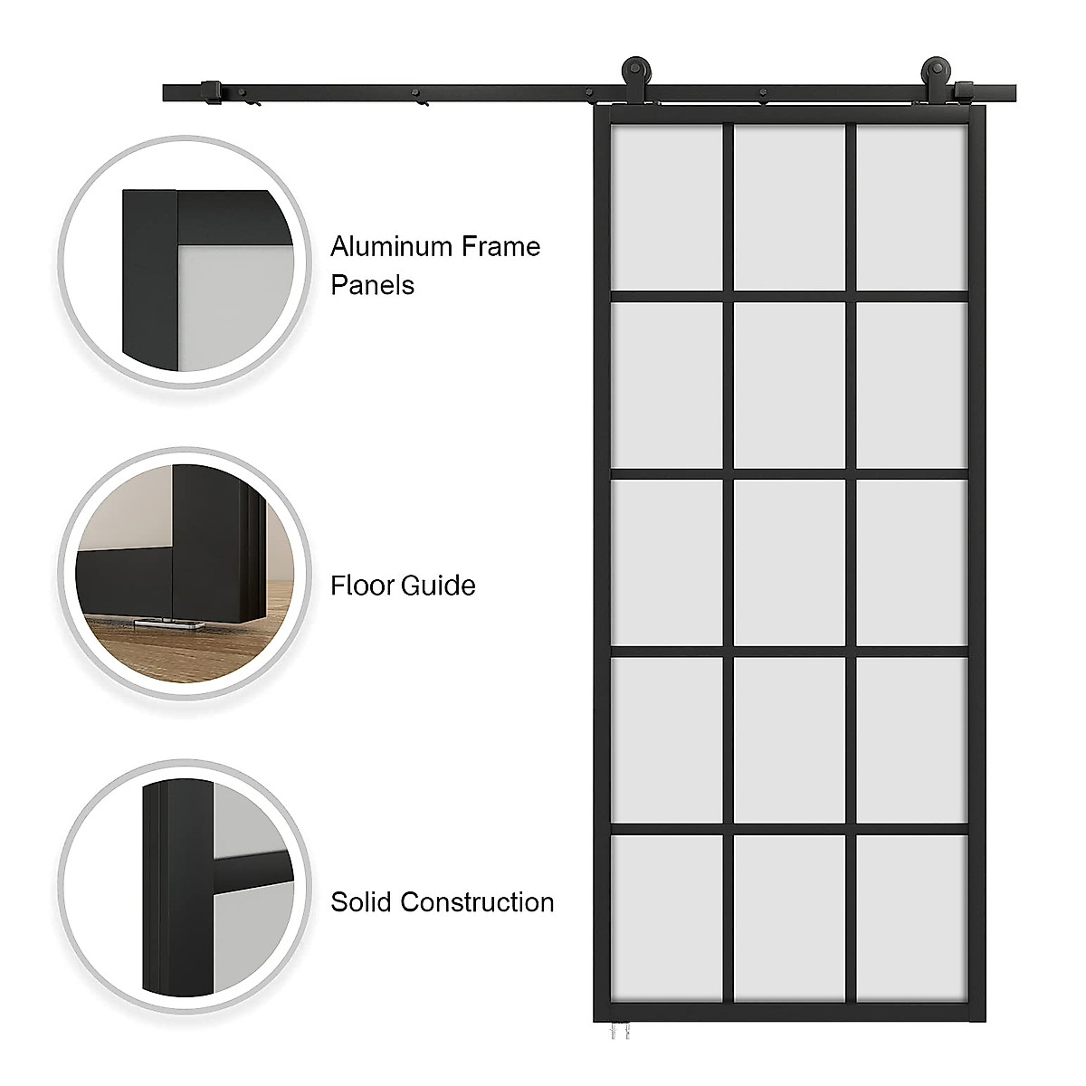 BARNSMITH 36in x 84in Frosted Glass Barn Door with 6.6FT Top Mounted Hardware kit Soft Close Mechanism DIY 15 Lites Tempered Modern Aluminum Sliding Glass Door Slab Disassembled Easy Installation