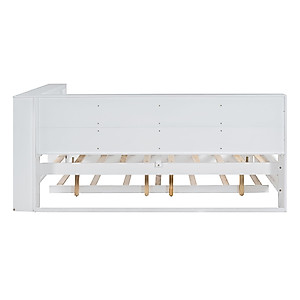 DEINPPA Full Size Platform Bed with L-Shaped Bookcase and Trundle, Wooden Captain Bed Frame with Bookcase Headboard for Kids Teens Boys Girls, No Box Spring Needed-White