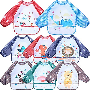 8 Pack Long Sleeve Baby Bibs for Girl or Boy Baby Waterproof Sleeved Bib Infant Art Smock Apron Baby Bibs for Eating Long Sleeve Bibs for Babies Animal Pattern Toddler Bib with Pocket for 6-36 Months