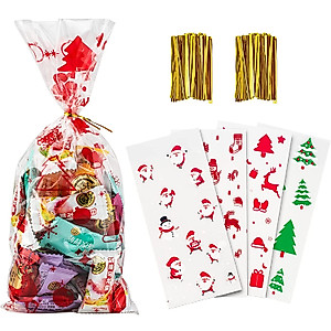200 PCS Christmas Cellophane Goody Bags Assortment for Holiday Treats, Christmas Party Favors, Cello Candy Bags, Christmas Gifts, Party Supplies, Christmas Goodie Bags