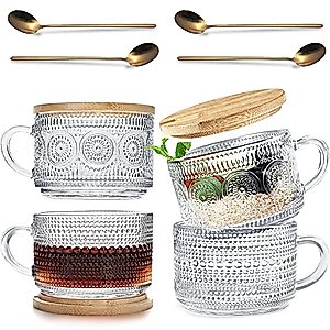 4 Pcs Vintage Glass Coffee Mugs, Overnight Oats Containers with Lids and Spoons, 14oz Clear Glass Tea Cups, Cute Coffee Bar Accessories, Iced Coffee Glasses, Ideal for Cappuccino, Tea, Latte, Oats