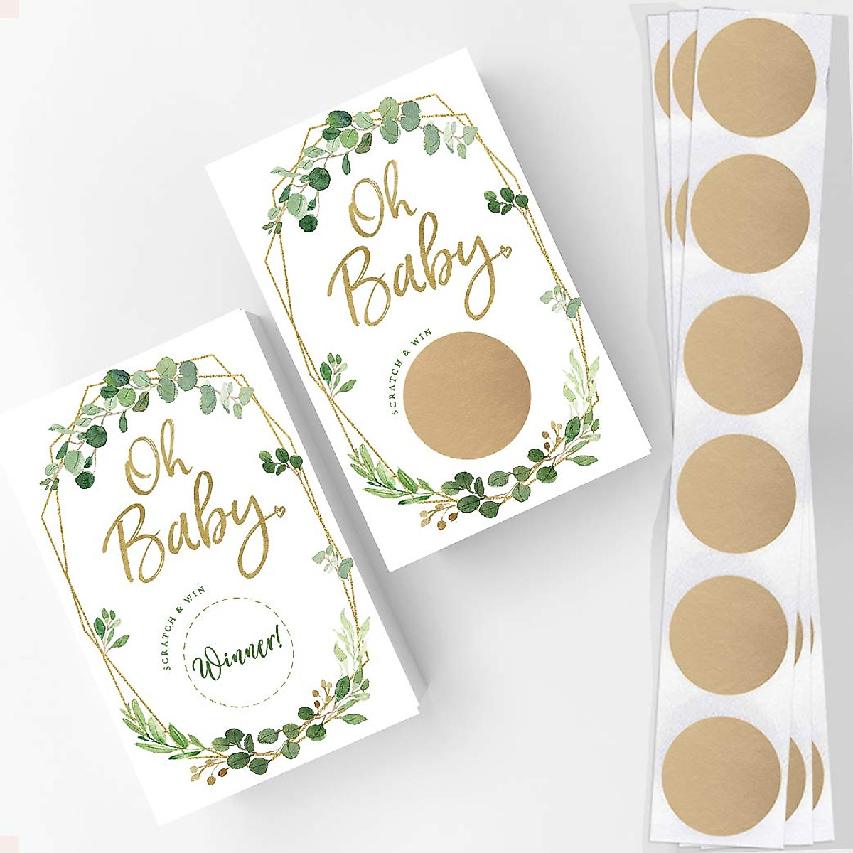 Printed Party Baby Shower Game – Greenery Scratch Off Cards for Girl or Boy, Botanical Theme, 30 Cards & Stickers