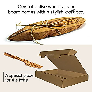 Crystalia Handmade Small Wooden Cutting Board for Kitchen, Natural Olive Wood Cheese Serving Board, Cute Live Edge Cutting Chopping Board with Wooden Spreader for Butter, Jam