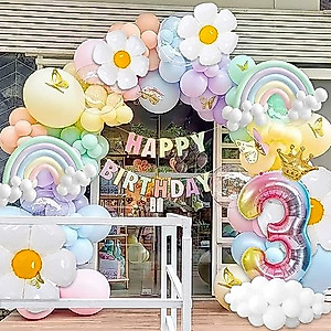 Slmeno Pastel Balloons 219Pcs Daisy Balloon Garland Kit, 18 10 5 Inch Pastel Rainbow Balloons Arch, 3rd Birthday Decorations for Girls, Number 3 Balloons Daisy Balloons for Birthday Party Decorations