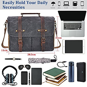 Mens Messenger Bag 15.6 Inch Waterproof Vintage Genuine Leather Waxed Canvas Briefcase Large Satchel Shoulder Bag Rugged Leather Computer Laptop Bag, Grey