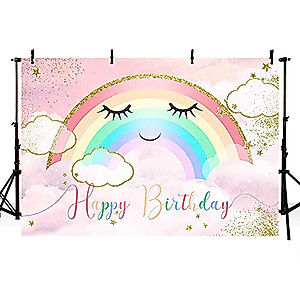 MEHOFOND Rainbow Birthday Backdrop Pink and Gold Smile Rainbow Cloud Birthday Party Decorations Supplies for Girl Princess Photography Background Banner Cake Table Photo Shoot Studio Props Vinyl 7x5ft