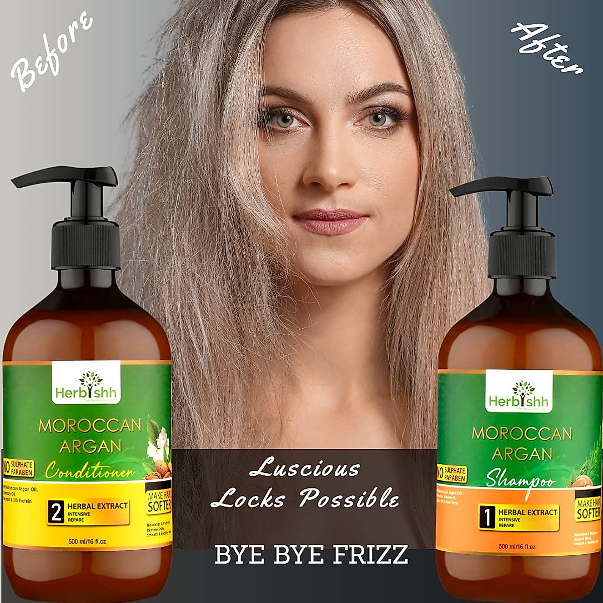 Herbishh Hair Color Shampoo Black + Moroccan Argan Hair Shampoo + Argan Hair Conditioner Kit