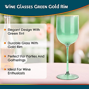 Blue Sky Green Plastic Wine Glasses With Gold Rim - 12oz (5-Pack) Reusable, Disposable Cups for Parties and Events