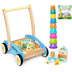 PIDOKO KIDS Wooden Baby Walker - 1 Year Old Boy Girl Gifts - Includes Stacking Sorting Cups, Zoo Themed Blocks and Book - Developmental Montessori Learning Toys for Babies 12 Months +