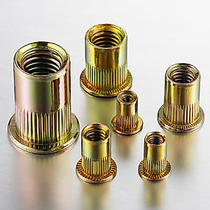 Wensilon 200Pcs Rivet Nut 1/4-20UNC Yellow Zinc Plated Finish Flat Head Rivnut Threaded Insert Nut Knurled Body