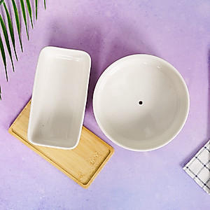 Fengson Succulent Pots, White Ceramic Flower Succulent Planters Pot with Bamboo Tray, 1 Rectangle Flower Pot + 1 Round Flower Pot 6.5" Drainage Hole for Cactus Herb Home