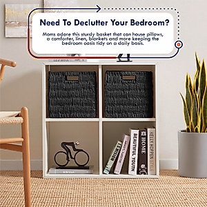 Ornavo Home Wicker Storage Cubes Bin, 9 Inch Storage Shelf Basket Collapsible Natural Hand Woven Paper Storage Cube Bin with Handles - Set of 2, Black