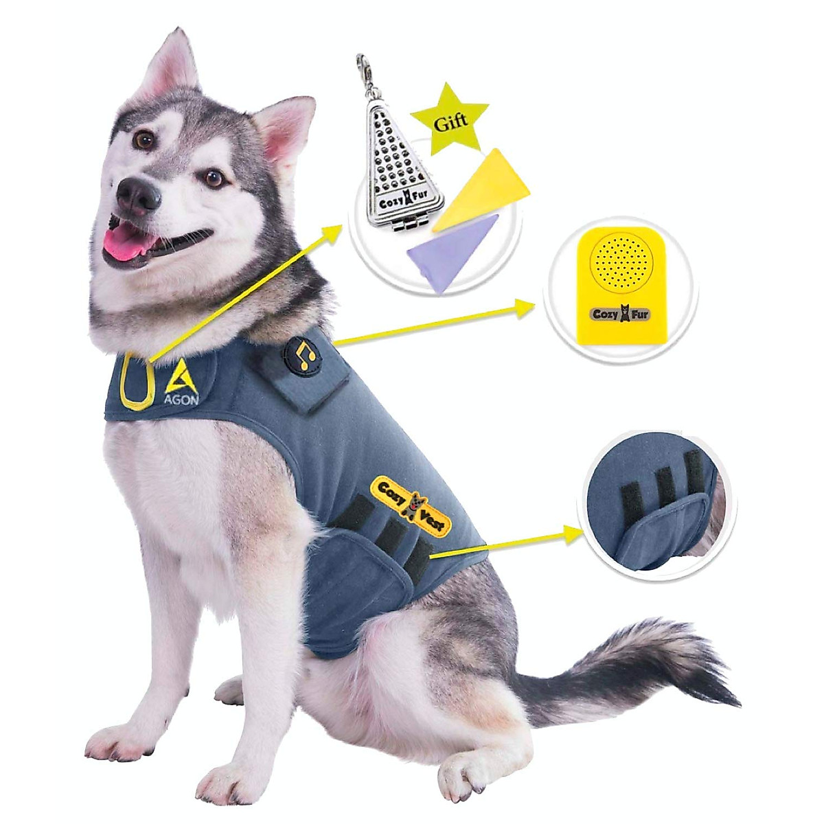 CozyVest® Dog Anxiety Vest 3-in-1 Music & Aromatherapy Shirt, Relaxing Sound & Essential Oils Jacket, Fireworks Thunder Separation & Thunderstorm Canine Stress Relief Coat (Gray, XXS [Up to 7 Lbs])