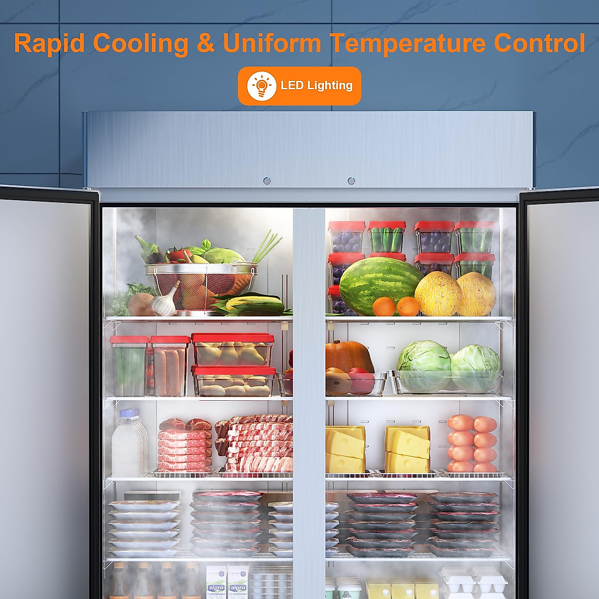 Coolski 54’’ Commercial Freezer with 2 Door, Stainless Steel Reach-in Freezer Upright with 49 Cu.Ft/8 Shelves, Two Section Fan Cooling Freezers for Restaurant Garage ETL NSF Approved