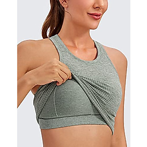 CRZ YOGA Womens Seamless Ribbed Longline High Neck Sports Bra - Racerback Padded Slim Fit Crop Tank Top with Built in Bra Dark Green Heather Medium