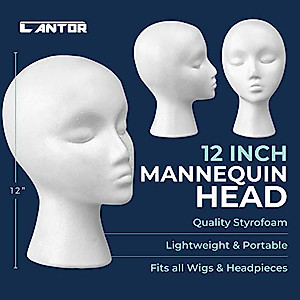 Cantor 12" Styrofoam Wig Head - Tall Female Foam Mannequin Wig Stand and Holder - Style, Model And Display Hair, Hats and Hairpieces - For Home, Salon and Travel