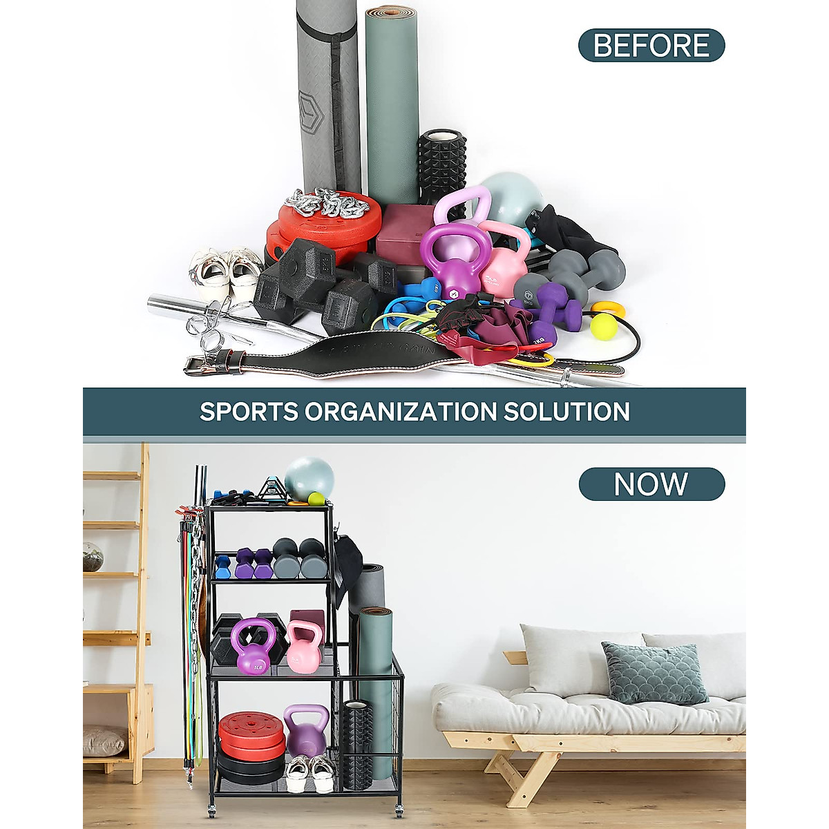 Weight Rack For Dumbbells Storage - Home Gym Storage Yoga Mat Storage Rack Workout Equipment Storage Rack for Kettlebells, Multifunction Exercise Equipment Gym Rack Organizer with Wheels and Hooks