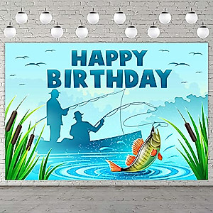 Gone Fishing Happy Birthday Banner Backdrop Fish Fisher Fisherman Theme Decor Decorations for 1st Birthday Party Baby Shower Retirement Party Fishing Party Supplies Favors Background