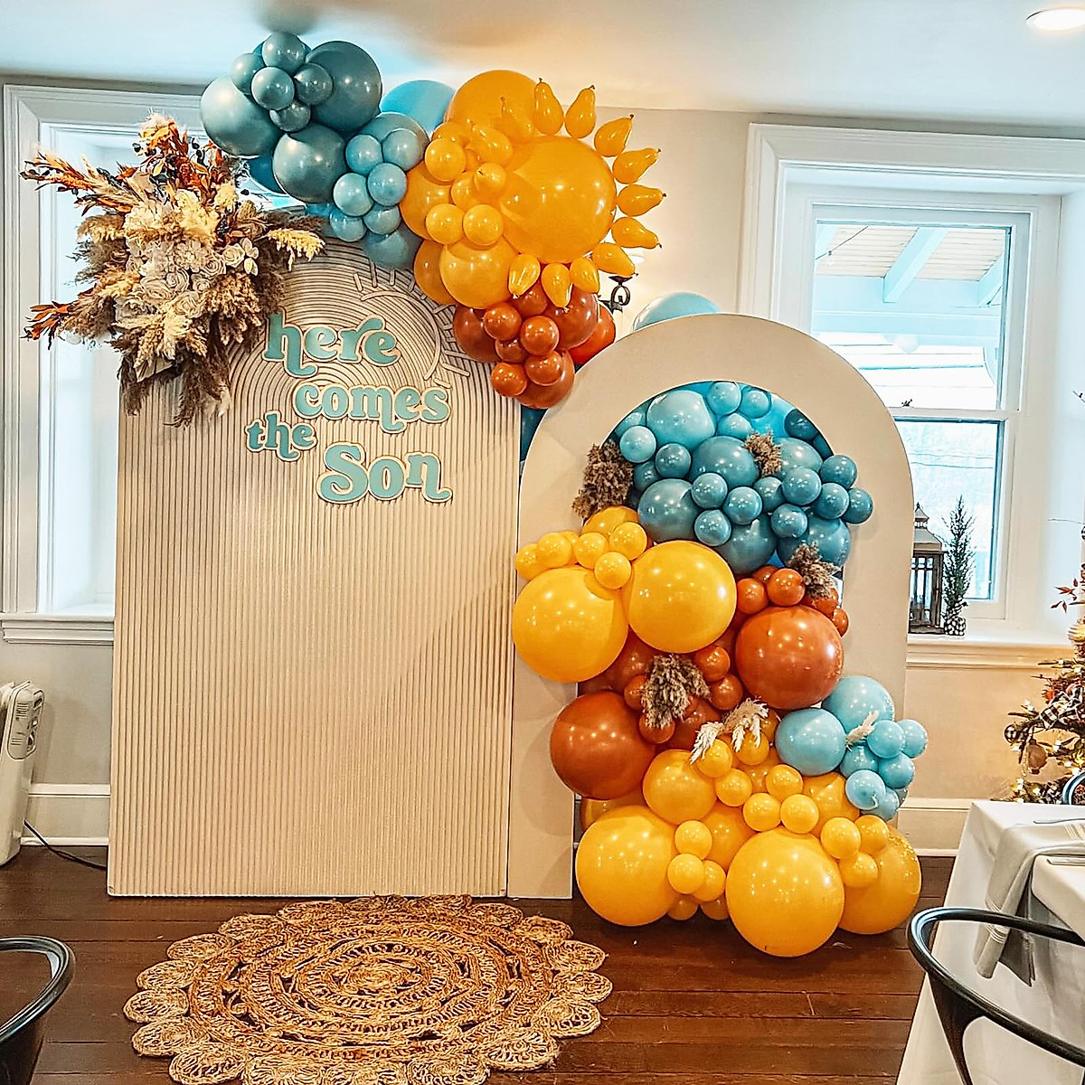 Retro Boho Balloon Arch Garland Kit, 163Pcs Retro Blue Orange Mustard Yellow Balloon, Here Comes the Son First Birthday Theme Boho Colorful Baby Shower Party Decoration