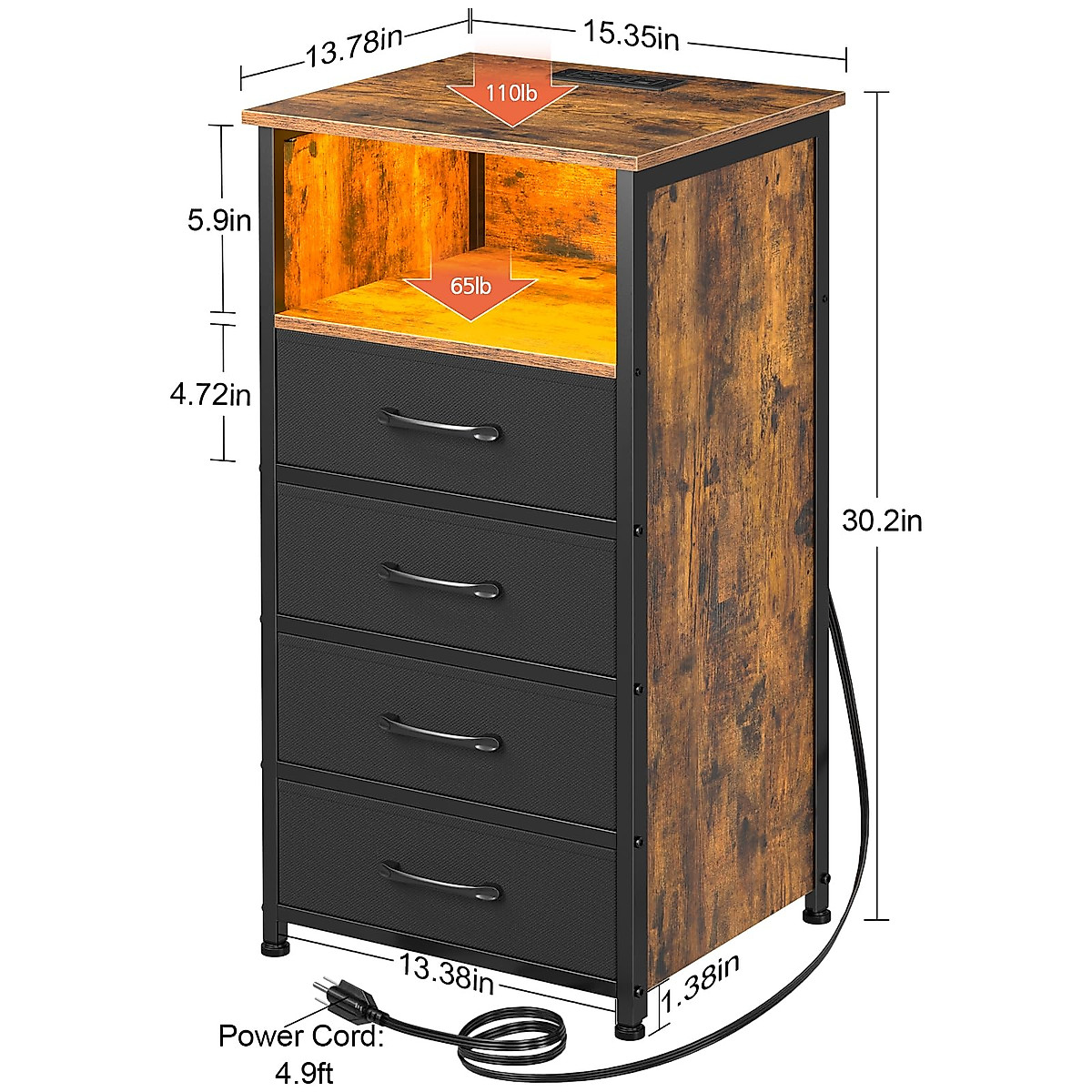 LOAKEKEL Night Stand Set 2, Tall Nightstand with Charging Station, Dresser for Bedroom with 4 Drawers, LED End Tables with USB Ports and Outlets, Bedside Table with Storage Bins, Brown, HNS034BR
