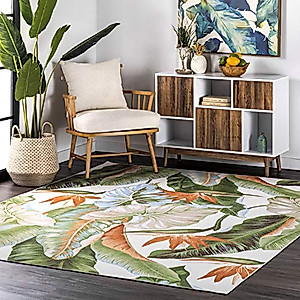 nuLOOM Nevaya Machine Washable Floral Leaves Ultra Thin Area Rug, 8' x 10', Green