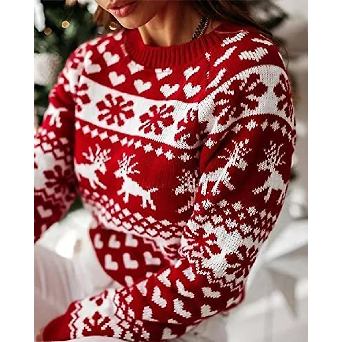 ZAFUL Women's Christmas Reindeer Xmas Snowflake Patterns Knitted Sweater Long Sleeve Elk Floral Printed Pullover
