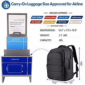 Travel Backpack for Men Women, 40L Flight Approved Carry On Backpack, Large Expandable Luggage Backpack, 17 Inch Water Resistant Lightweight Business College Laptop Daypack Weekender Bag, Black