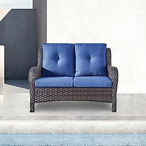 Patio Loveseat Wicker Outdoor Couch - 2-Seater Rattan Patio Sofa with Deep Seating and Comfortable Cushions for Outside Porch Deck Poolside Balcony(Brown Wicker/Blue Cushion)