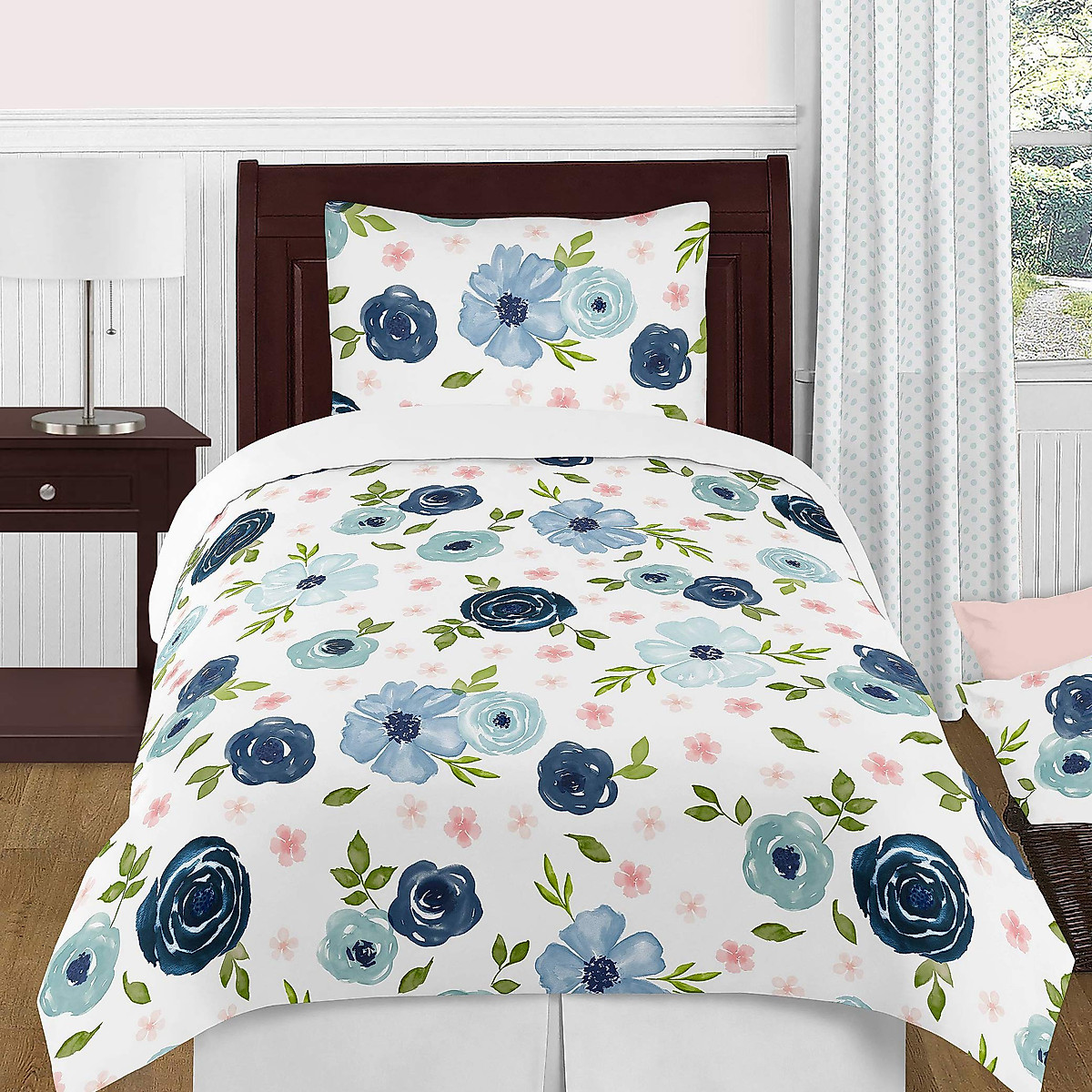 Sweet Jojo Designs Navy Blue and Pink Watercolor Floral Twin Sheet Set - 3 Piece Set - Blush, Green and White Shabby Chic Rose Flower