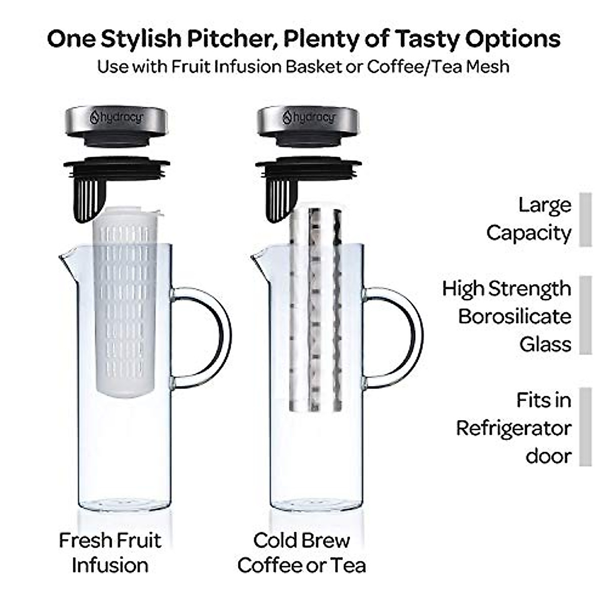Cold Brew Coffee Maker - Large Glass Infusion Pitcher 1.6 Quarts 52oz - Iced Coffee & Iced Tea Pitcher with Stainless Steel Lid and Mesh Filter & Fruit Infusion Tube - Perfect for Home or Office