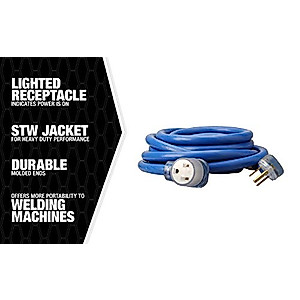 Southwire 19178806 8/3 Heavy-Duty STW 40-Amp/250-Volt Nema 6-50 Blue Welder Extension Cord 25- Feet 8-Gauge STW jacket for Superior Performance Rated at 40 Amps 250 Volts and 10000 Watts