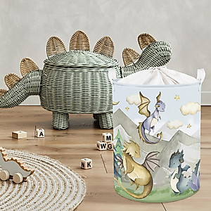 Clastyle 45L Kids Cute Dragon Nursery Hamper Mountain Tree Dirty Clothes Collapsible Laundry Basket Round Cloud Toys Storage Basket with Drawstring