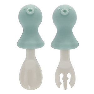 Edison Friends Self-Feeding Silicon Spoon and Fork Set with Case, 100% Platinum Silicon, Octopus Shape (Mint), Made in Korea