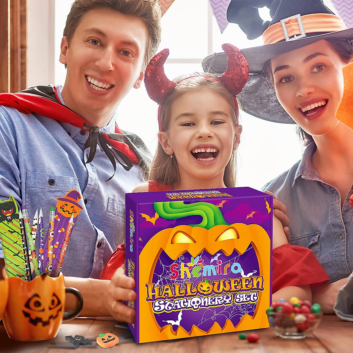 Shemira Halloween Party Favors for Kids,168pcs Halloween Stationery gift kit,Halloween Miniatures Prizes,Trick or Treating Goodie Bag Fillers including Notepad,Stamper,Sticker,Pencil,Eraser,Ruler