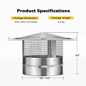 VIVOHOME 10" Cone Top Chimney Cap with Screen, Round Roof Rain Chimney Cover, Galvanized Steel Fireplace Exhaust Cap, Adjustable Roof Cap for Vent