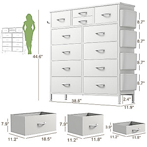 YaFiti Dresser for Bedroom with 12 Drawers, Chest of Drawers with Side Pockets and Hooks, PU Fabric Dresser Drawers for Living Room, Hallway, Entryway (White)