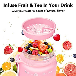 GOSWAG 32oz Motivational Water Bottles with Time Marker & Fruit Strainer, Sports Water Bottle with Times to Drink, Leakproof & BPA Free, Reusable Plastic Bottle with Strap no Straw for Gym & School