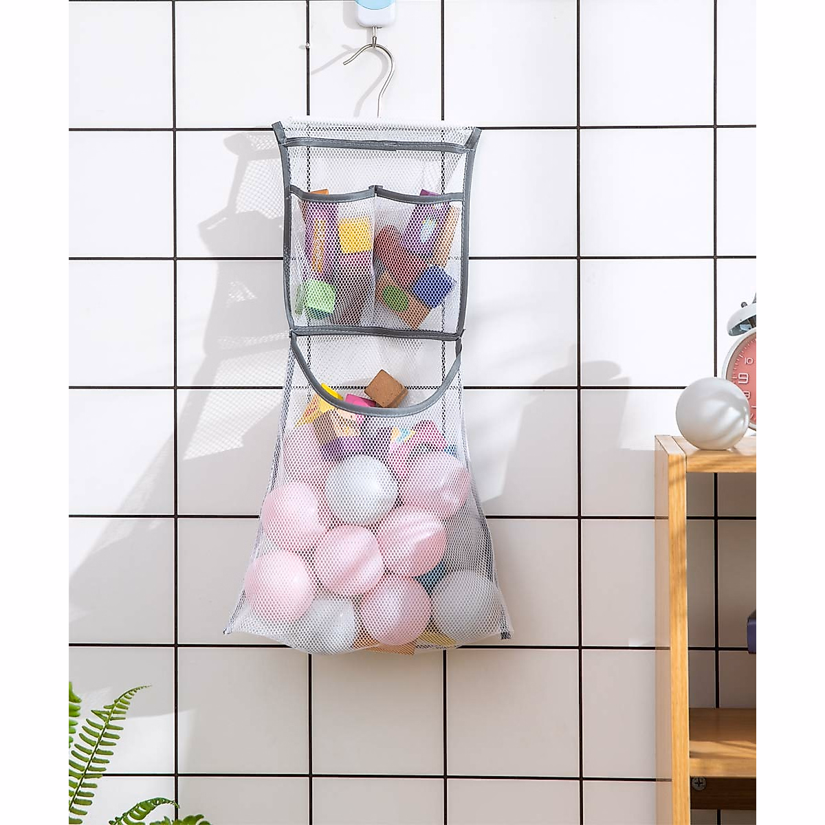 ALYER Hanging Bath Toy Bag,Mesh Nursery Organizer for Clothing Diapers Toys (White)