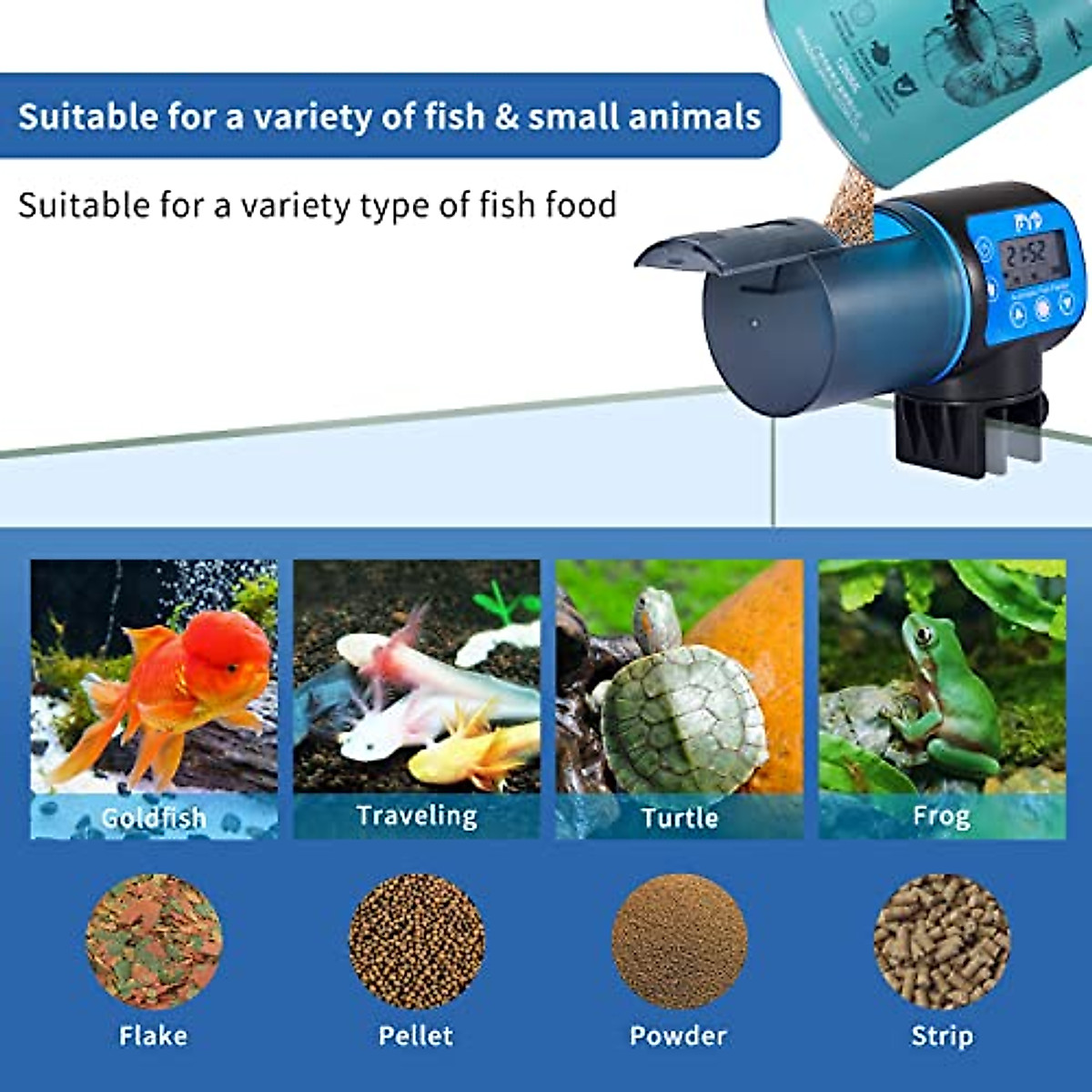 Auto Fish Feeder for Aquarium, FYD Automatic Fish Feeder Food Timer Dispenser for Small Fish Tank, Vacation, Goldfish, 4 Feeding Time/Rotation Adjustable