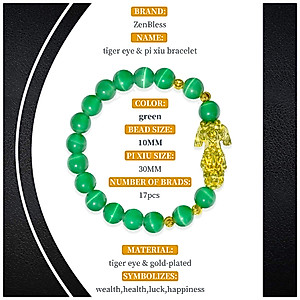 ZenBless Feng Shui Bracelet Luck Charm 10MM Bracelet with Gold Plated Pi Xiu/Pi Yao Attract Wealth and Good Luck Amulet Gift(Green M)