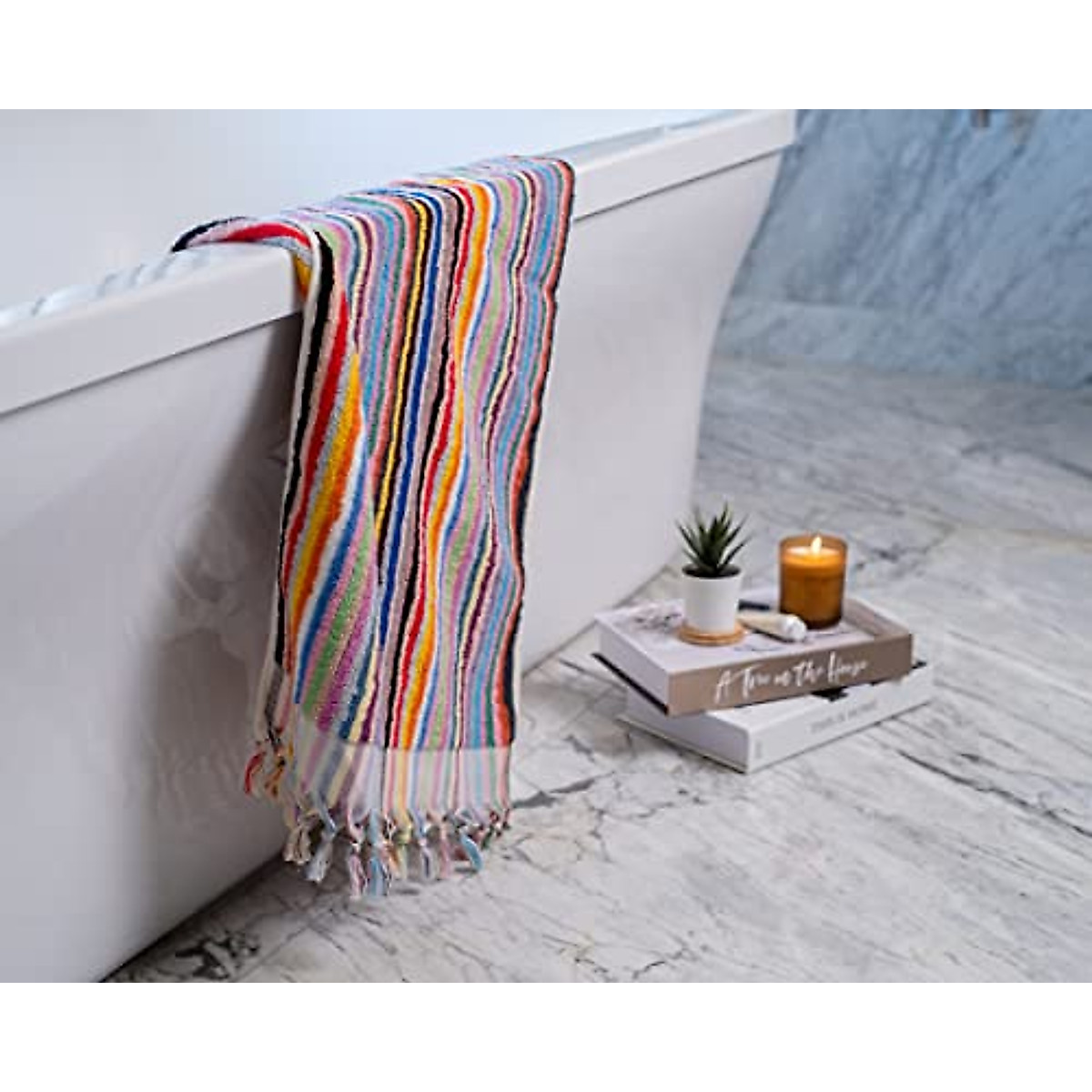 Striped Hand and Bath Towels for Bathroom | Set of 2 Hand Towels | Organic Turkish Cotton | Large Soft Plush Fluffy Absorbent Ribbed Bath Towels (Hand Towel Set, Rainbow)