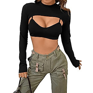 Verdusa Women's 2Pcs Mock Neck Long Sleeve Crop Top Spaghetti Straps Scoop Neck Sleeveless Cami Top Black L