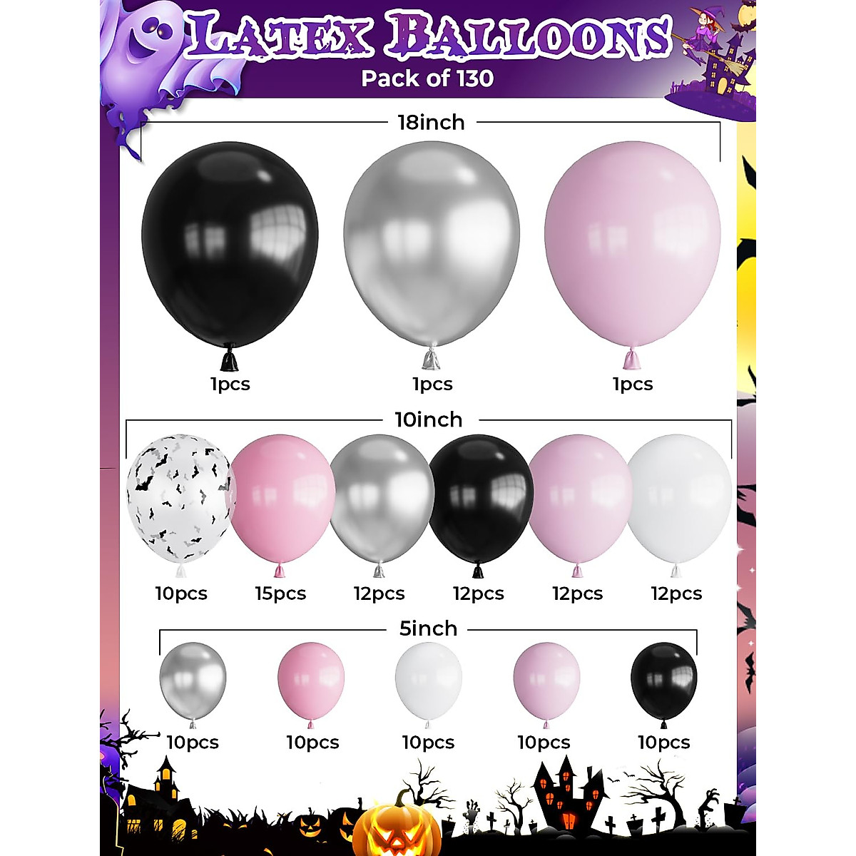 Pink Halloween Balloon Garland Arch Kit,130pcs Halloween Pink Black Silver Balloons With Starburst,Ghost,Bat Foil Balloons for Girl,Birthday,Baby Shower,Spooky One,Halloween Party Decorations