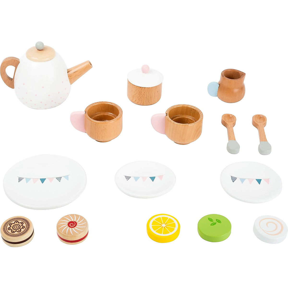 Small Foot Wooden Toys-Premium 17 Piece Toy Tea Playset- Deluxe Play Pretend Food Set includes Tea Pot, Cookies, Plates and Teacup-Ideal for Toddlers 3+
