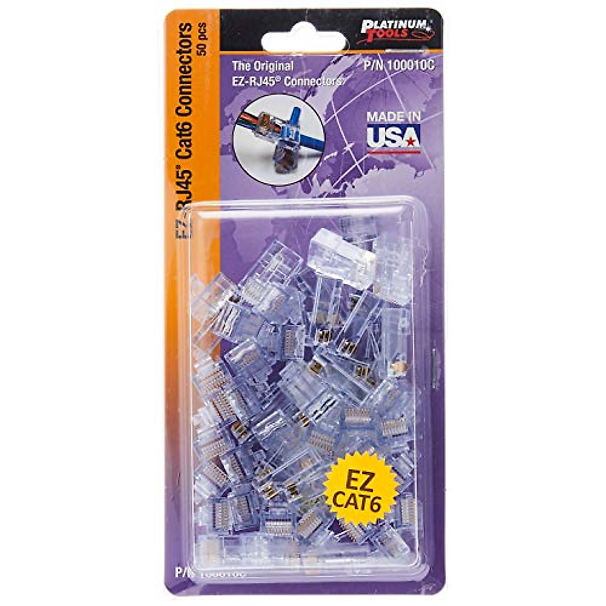 Platinum Tools 100010C EZ-RJ45 Cat 6+ Connectors, Clamshell, 50-Pieces, RED