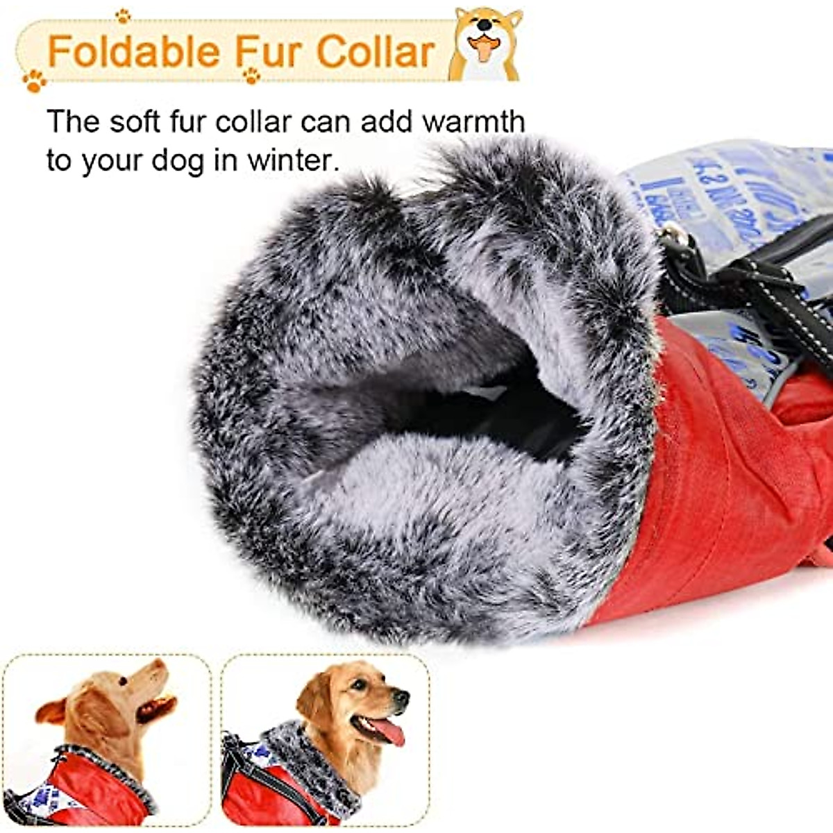 Tresbro Dog Winter Coat, Large Warm Dog Jacket for Cold Weather,Reflective Dog Clothes with Furry Collar Detachable Harness Two Way Zipper on Back, Dog Apperal for Medium Large Dog Boy Girl