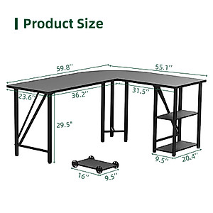 SHSYCER 60" L Shaped Desk with Coputer Tower Stand on 4 Wheels, Shelves, Rounded Corner - Reversible Office Desk with Storage Rack, Large Home Office Desk, L Desk for Home Office, Black