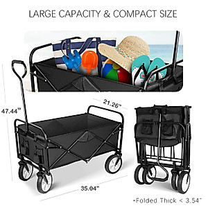 YSSOA Folding Garden Cart PRO, Collapsible Handy Wagon with 360 Degree Swivel Wheels & Adjustable Handle,220lbs Weight Capacity,Black