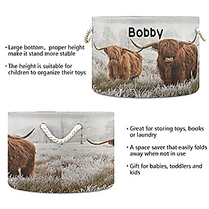 KLL Custom Large Capacity Toys Storage Bin with Cotton Rope Handle Personalized Name Clothes Storage Baskets Laundry Hamper Holiday Ornament Storage Organizer Scottish Highland Cow
