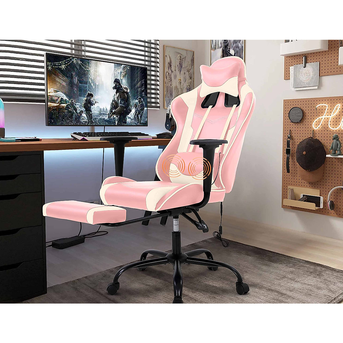 Gaming Chair, Height Adjustable Swivel Rolling Chair with Headrest Footrest and Massage Lumbar Support, PU High Back Ergonomic PC Chair for Office or Gaming, Office Gaming Chair